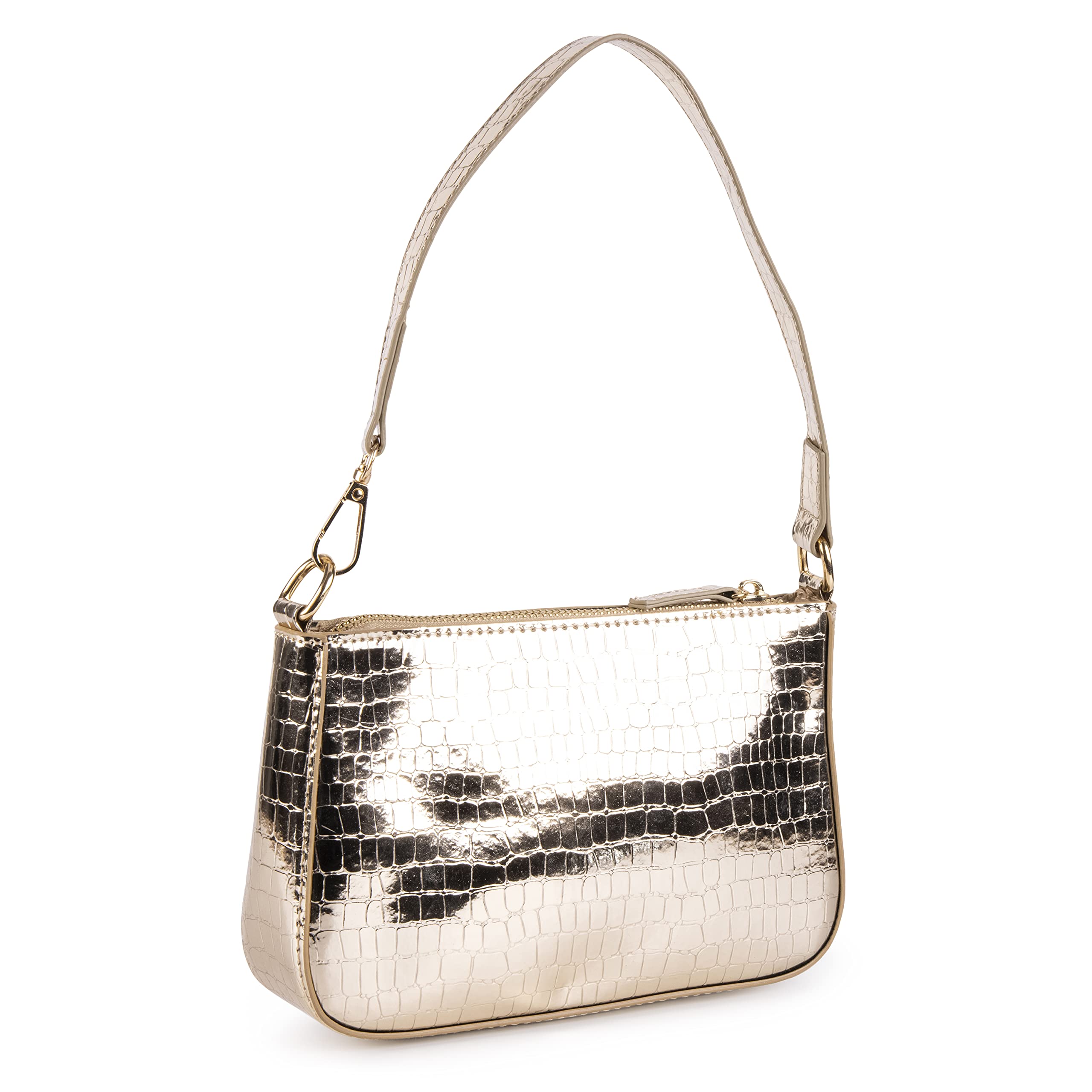 Olivia Miller Women's Fashion Faux Crocodile Leather Gold Shoulder Bag w Adjustable Shoulder Strap for Wristlet Option, Casual Chic 90s Y2K Retro Purse Handbag