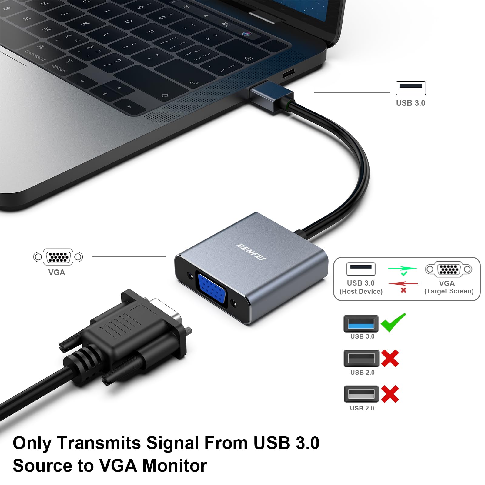 BENFEI USB 3.0 to VGA Adapter, USB 3.0 to VGA Male to Female Adapter for Windows 11, Windows 10, Windows 8.1, Windows 8, Windows 7(Not for Mac)
