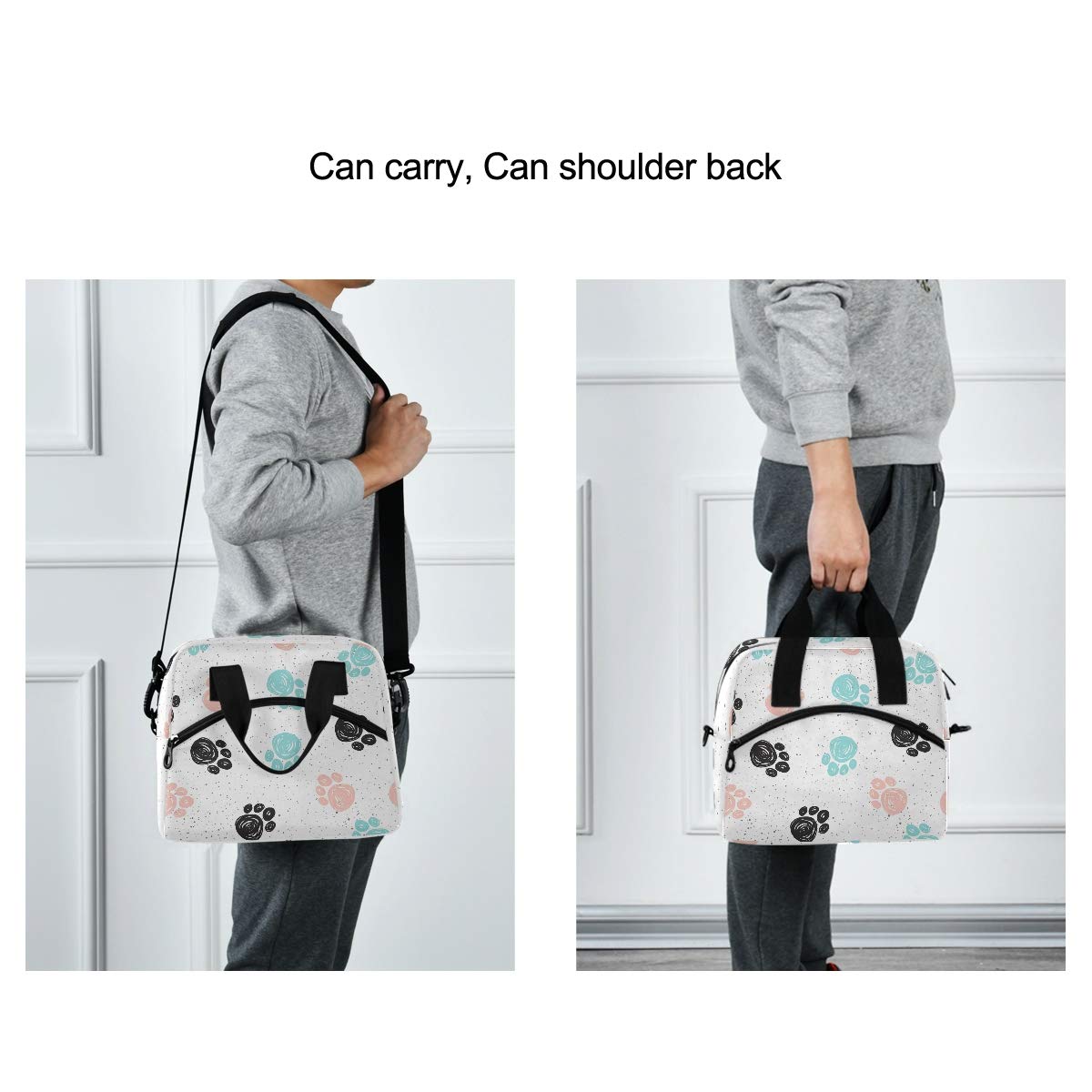Blueangle Doodle Dog Paw Print Insulated Lunch Bag with Detachable Shoulder Strap & Carry Handle, Eco-friendly Cooler Bag Tote Bag,School Lunch Box for Kids,Men,Women