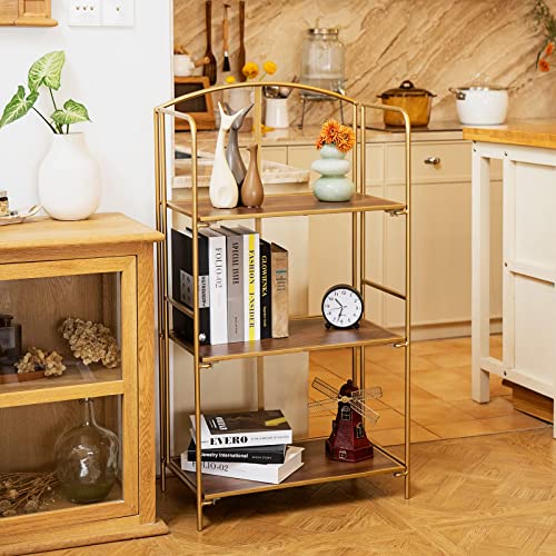Crofy No Assembly Folding Bookshelf, 3 Tier Gold Bookshelf, Metal Book Shelf /Bookcase for Office Organization and Storage, 12.6 D x 22.44 W x 42.13 H Inches
