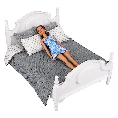 Dollhouse Furniture Queen Bed Set, Mini Bedroom Accessories for 12 inch Dolls, Grey Bedding, White Wooden Frame, 1/6 Scale
