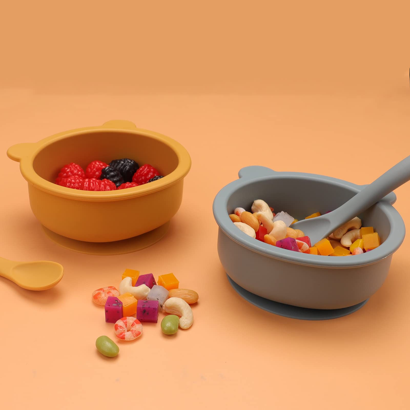 btrfe Silicone Baby Bowls with Suction | 2 Pack Toddler Bowls and Spoons | Baby Feeding Set | Dishwasher & Microwave Safe BPA Free (Dark Gray + Turmeric)