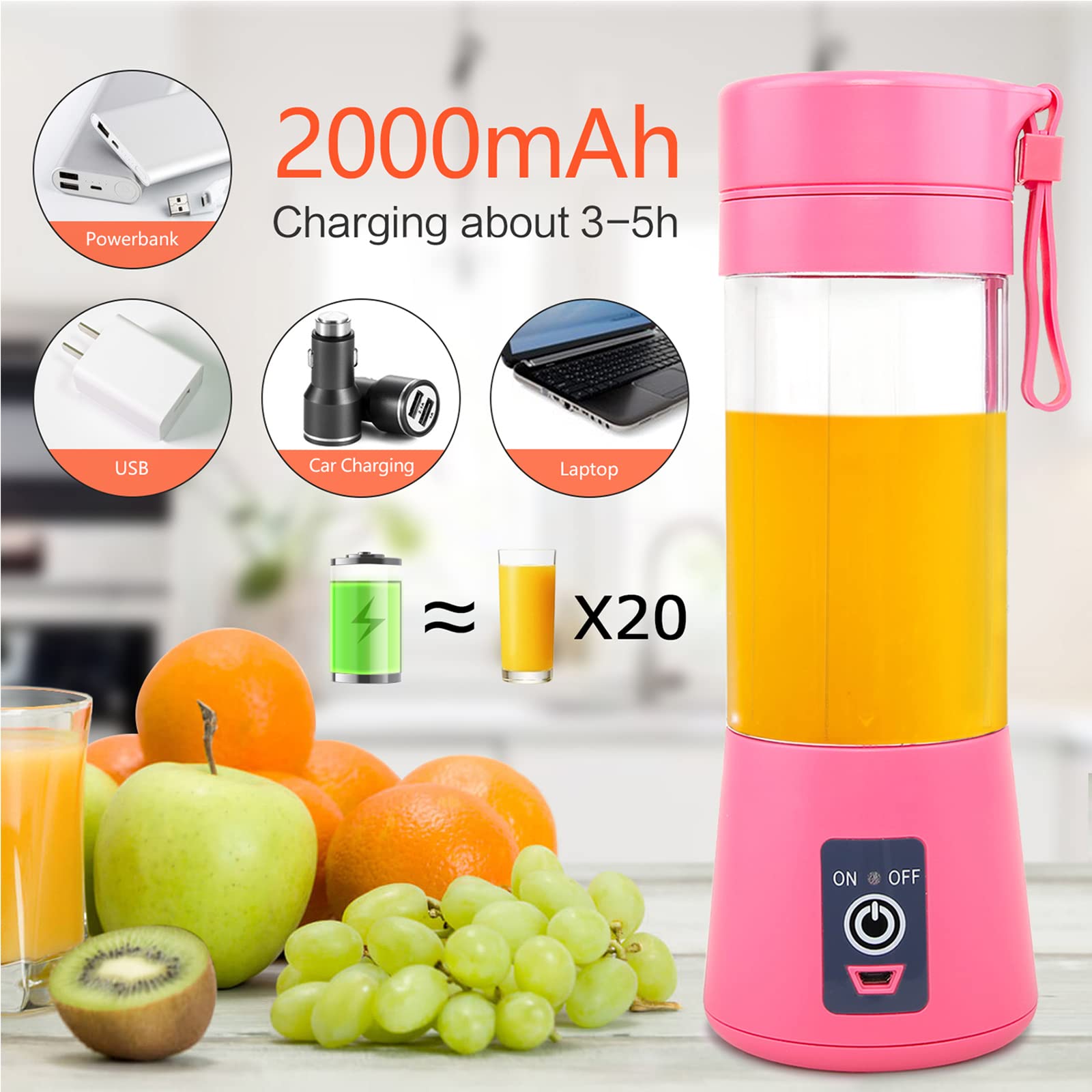 Deflectaair Portable Mini Smoothie Blender - USB Rechargeable, Pink, 380ml
