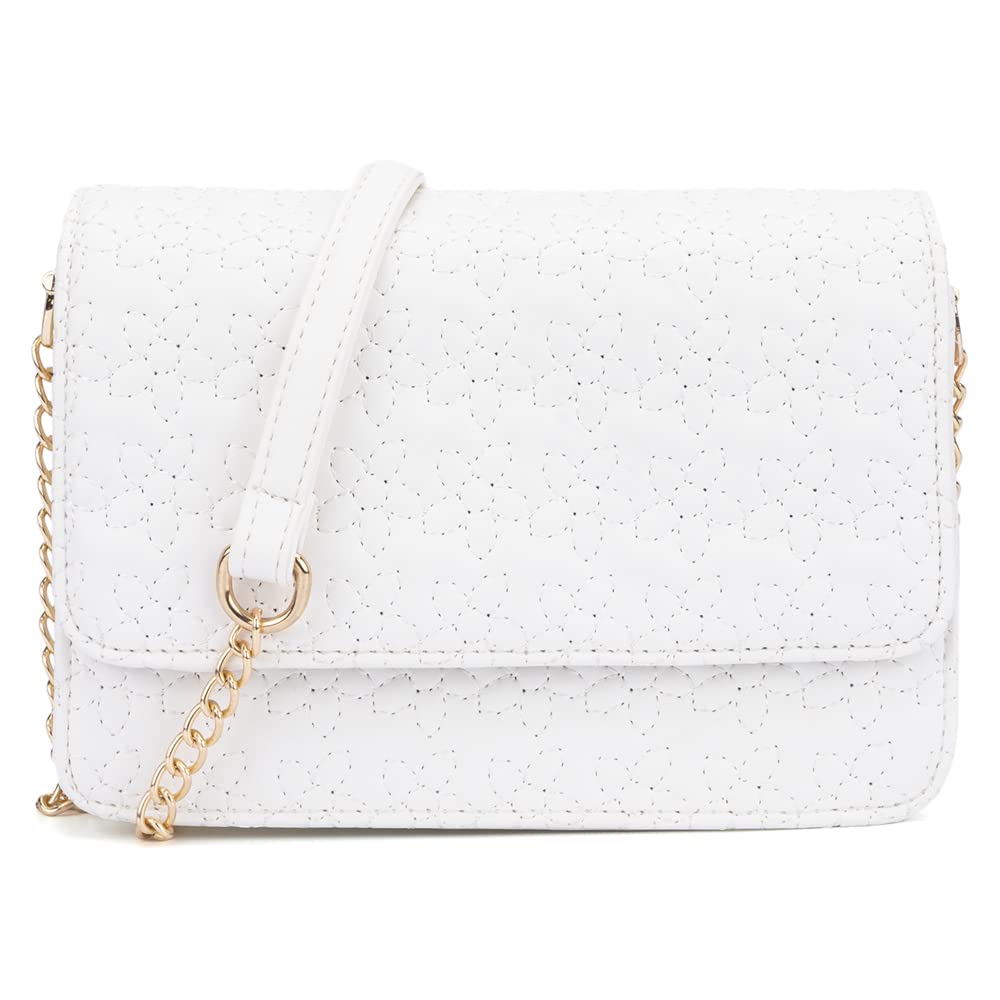 Olivia Miller Women's Fashion Rose Flower Embroidered Faux PU Leather Front Flap w Multi Compartment Off White Crossbody Bag Everyday Small Evening Casual Work Purse Handbag
