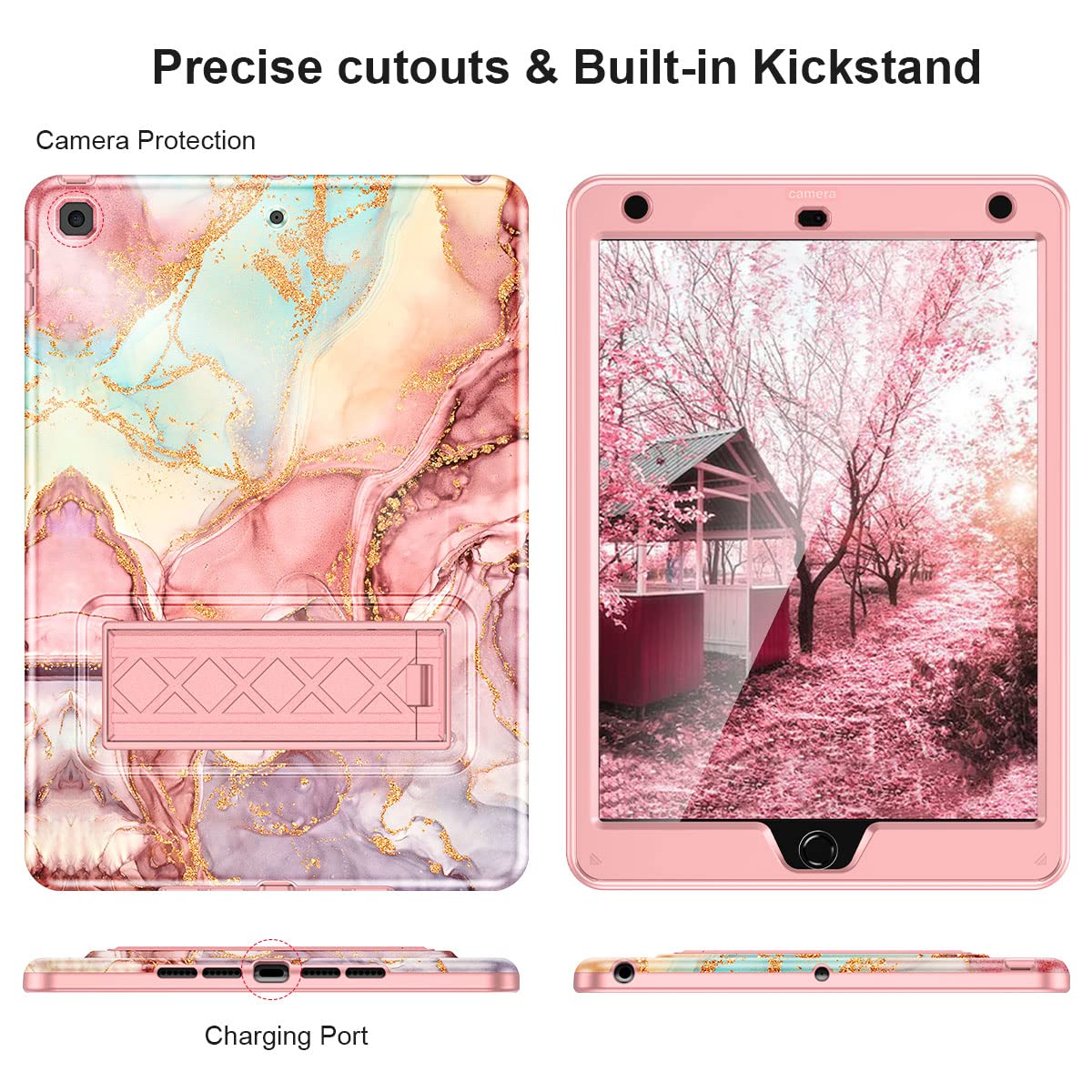 Btscase for iPad 9th/8th/7th Generation, iPad 10.2 (2021/2020/2019) Case, Built-in Screen Protector and Kickstand Dual Layer Full-Body Heavy Duty Shockproof Drop Protective Marble Cover, Rose Gold