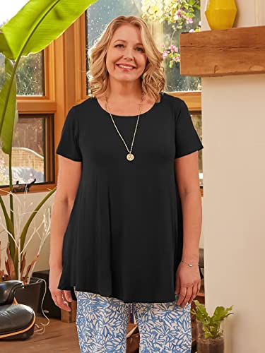 LARACE Plus Size Tops for Women Short Sleeve Shirts Casual Summer Clothes Round Neck Tunics for Leggings (3X, Black)