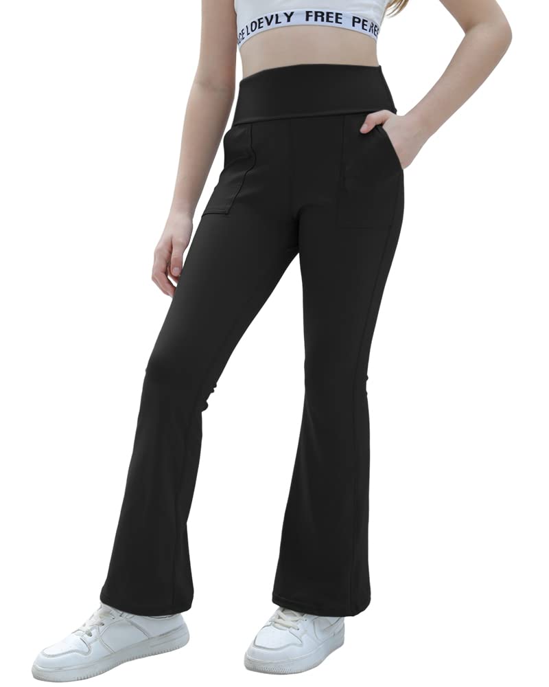 Aurgelmir Girls' Foldover Waist Flare Leggings Bootcut Active Yoga Dance Athletic Pants with Pockets Black