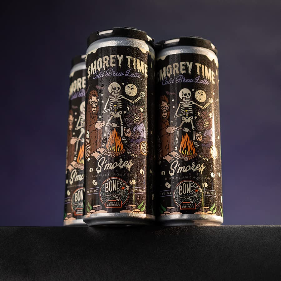 Bones Coffee Company S'morey Time Cold Brew Latte S'mores & Graham Crackers Flavored Coffee | Ready To Drink 100% Cold Brew Coffee Can | Cold Brew Latte S'mores in Cans | 11 Fl Oz Can (4 Pack)