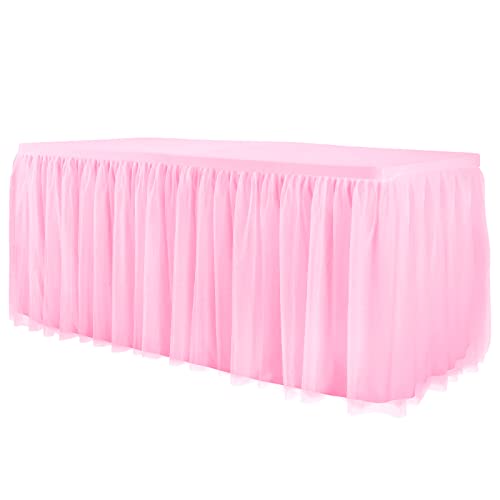 netbros Tulle Table Skirt, Table Clothes for 6 Foot Rectangle Tables, Tight Fit Washable and Wrinkle Resistant Pink Tablecloth, Tutu Table Skirt Decoration for Birthday Party, Banquet, Event
