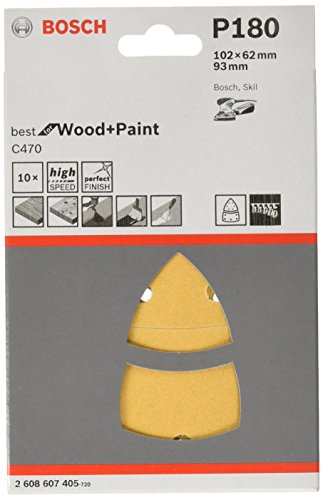 Bosch 2608607405 Sanding Sheets for Multi-Sanders Skil, Best for Paint-102 x 62 x 93 mm, 11 holes-180 grit, Grey