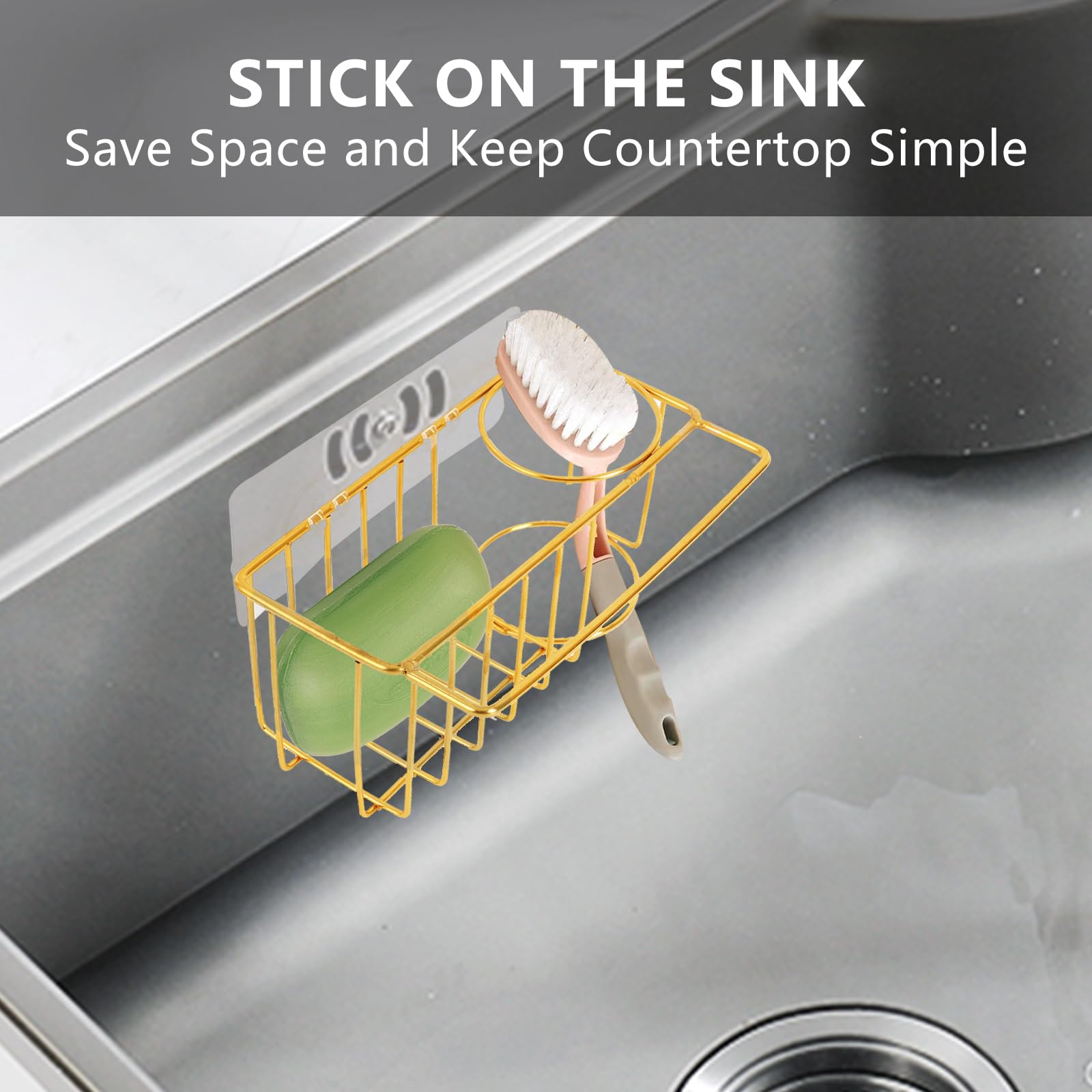 blueden 3-in-1 Adhesive Sink Caddy Kitchen Sink Organizer,Stainless Steel Sponge and Brush Holder for Kitchen Sink,Suitable for Sponges,Dish Cloth,Scrubbers, Soap, Kitchen, Bathroom.Gold