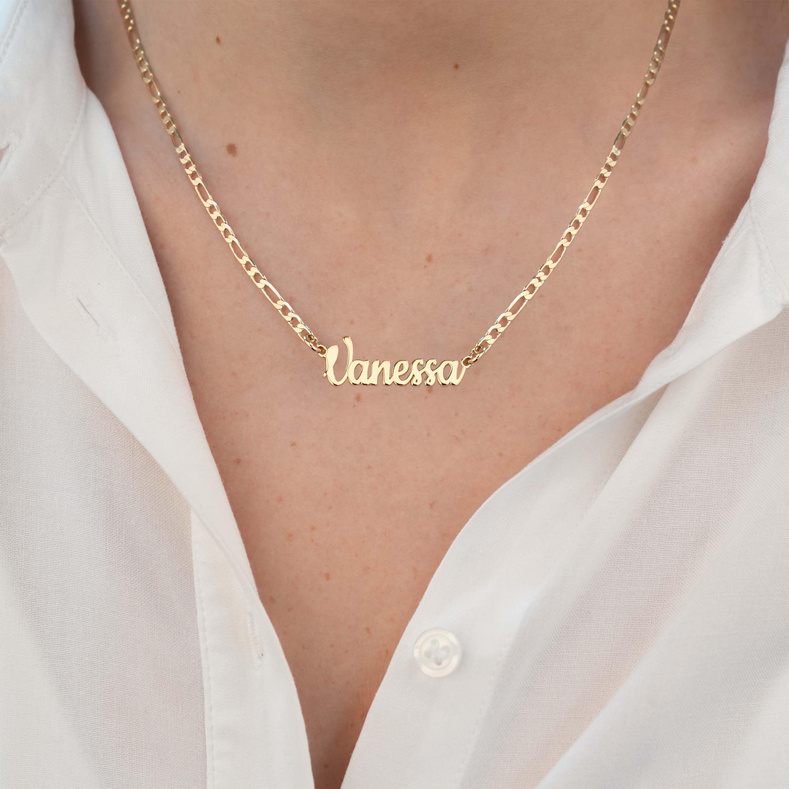 Beleco 18k Gold Plated or Sterling Silver 925 Custom Name Necklace - Personalized Name Plate Necklace for Men & Women with Elegant Figaro Chain, 15 Font Style | Customized & Personalized Necklaces
