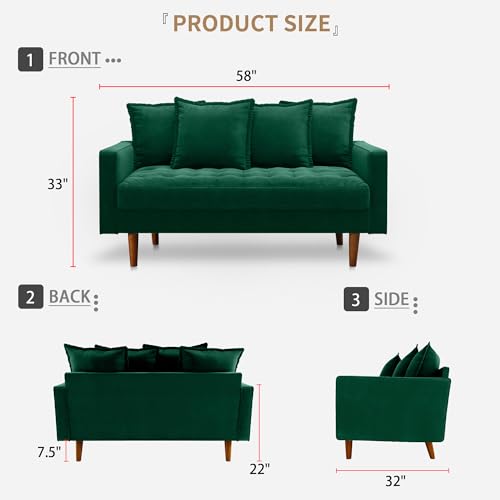 SILKIR Mid-Century Modern Small Spaces Comfy Velvet Living Room,Office,and Apartment,Loveseat Couch Sofas, 58 Inch, Green