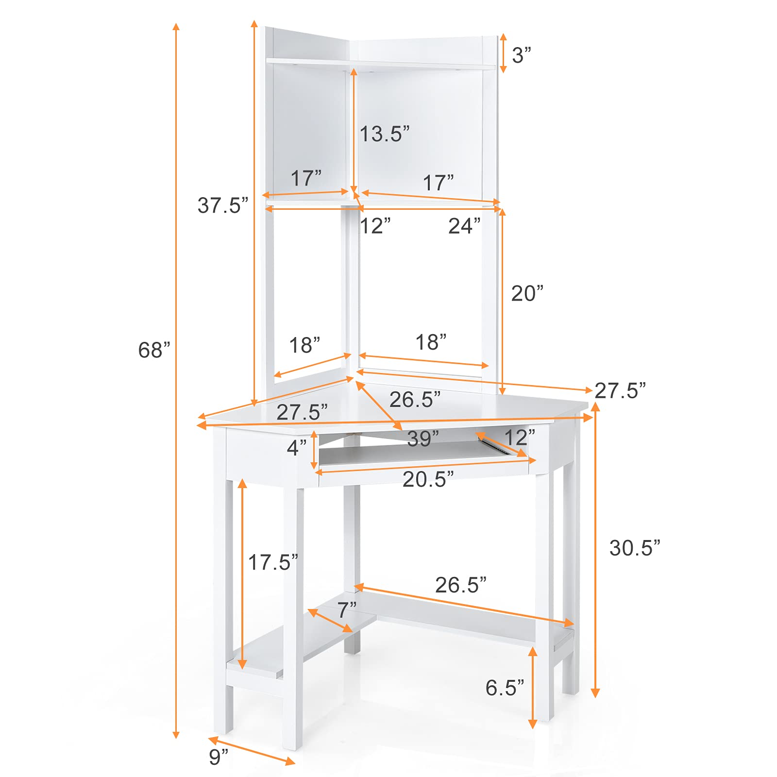 Tangkula White Corner Desk with Hutch, 90 Degrees Triangle Computer Desk with Keyboard Tray & Bookshelves for Small Space, Space Saving Writing Desk with Storage Shelves for Bedroom Apartment