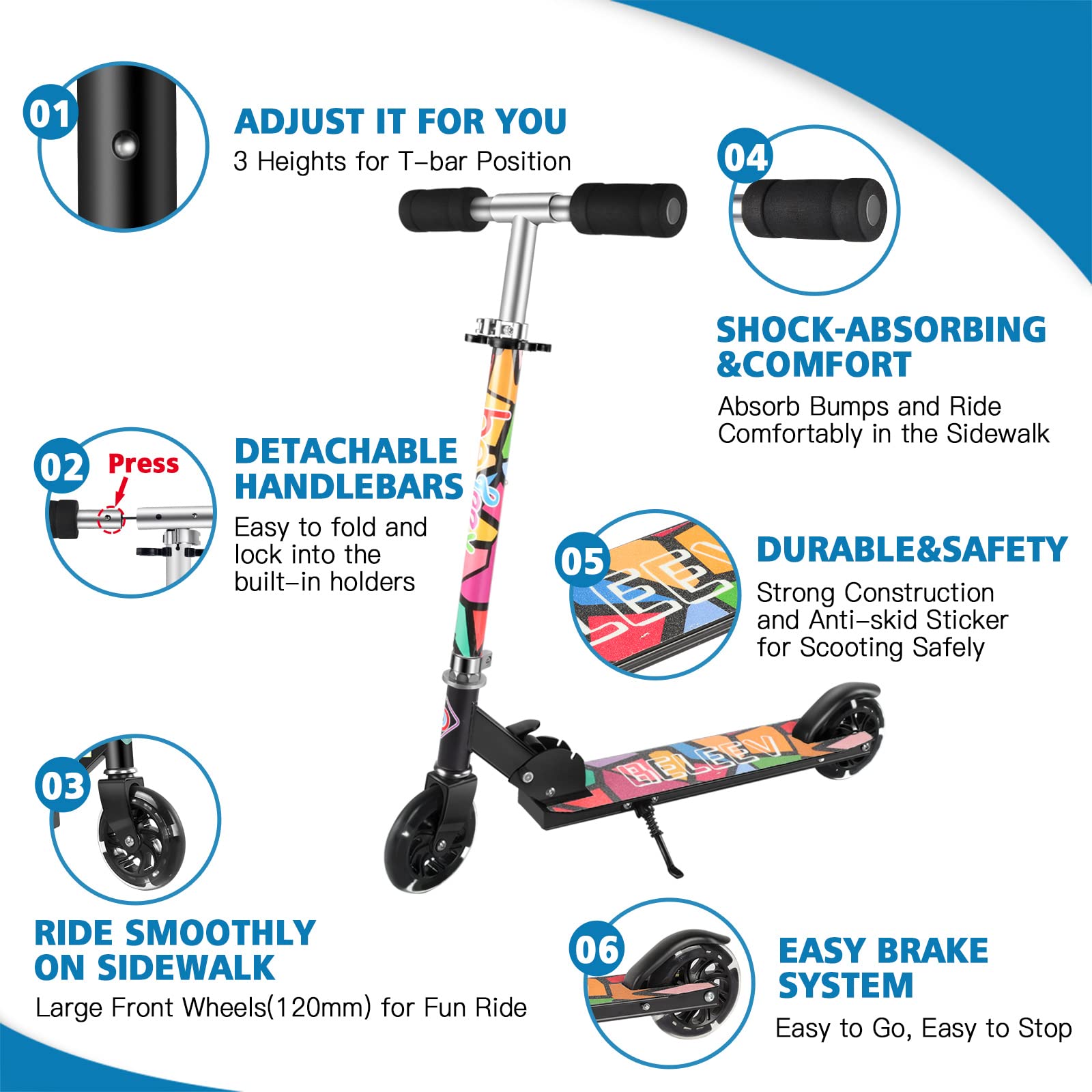 Beleev V1 Scooters for Kids 2 Wheel Folding Kick Scooter for Girls Boys, 3 Adjustable Height, Light Up Wheels, Kickstand for Children 3 to 12 Years Old
