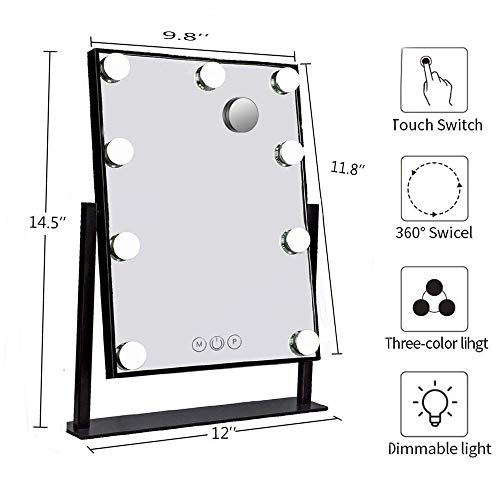 Hansong Lighted Vanity Mirror Makeup Mirror with Lights Hollywood Mirror with 9 LED Bulbs and Detachable 10X Magnification Black Vanity Mirror with Lights 360 Degree Rotation
