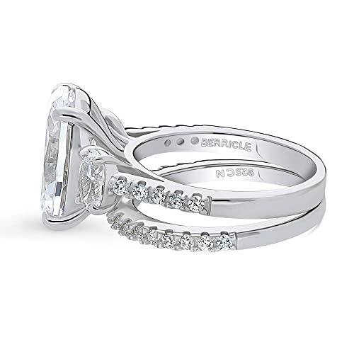 BERRICLE Sterling Silver 3-Stone Wedding Engagement Rings Oval Cut Cubic Zirconia CZ Ring Set for Women, Rhodium Plated Size 8