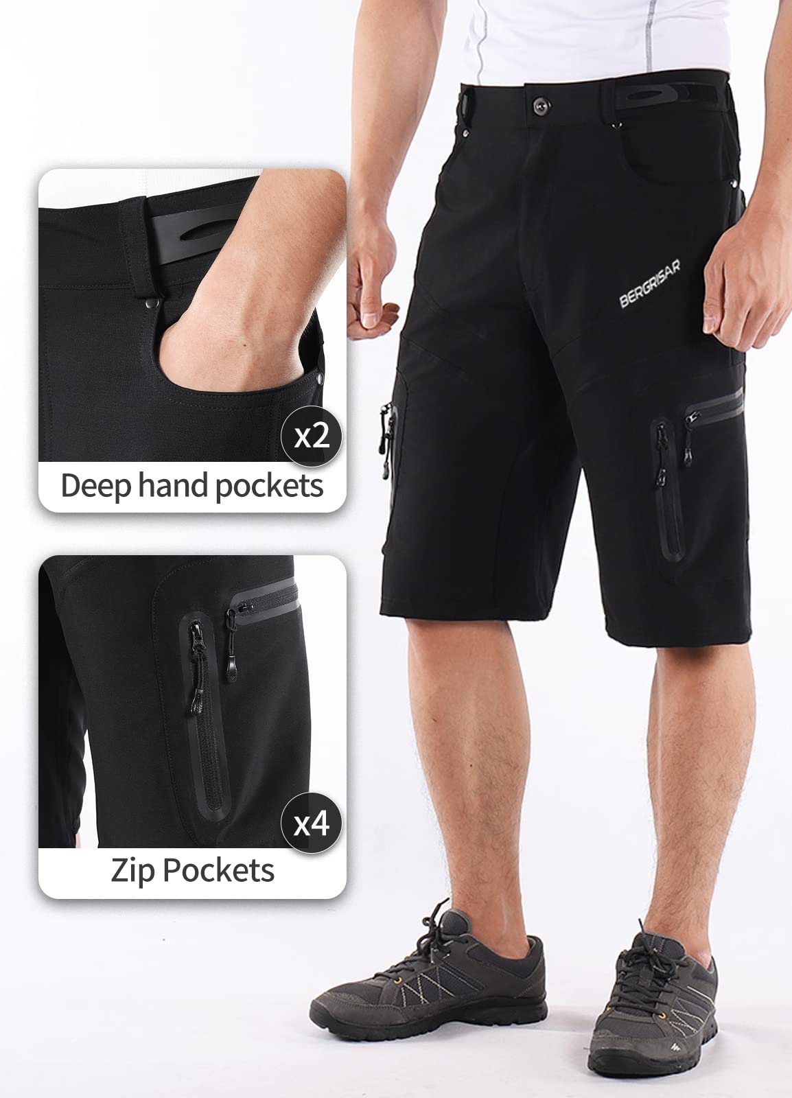 BERGRISAR Men's Cycling Shorts Mountain Bike Shorts Bicycle Shorts Biking Shorts Zipper Pockets 1806BG Black Size X-Large
