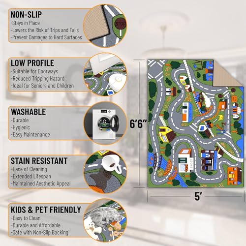 Ottomanson Jenny Collection Non-Slip Rubberback Educational Town Traffic Play Design 3x5 Kid's Area Rug, 3'3" x 5', Green/Multicolor