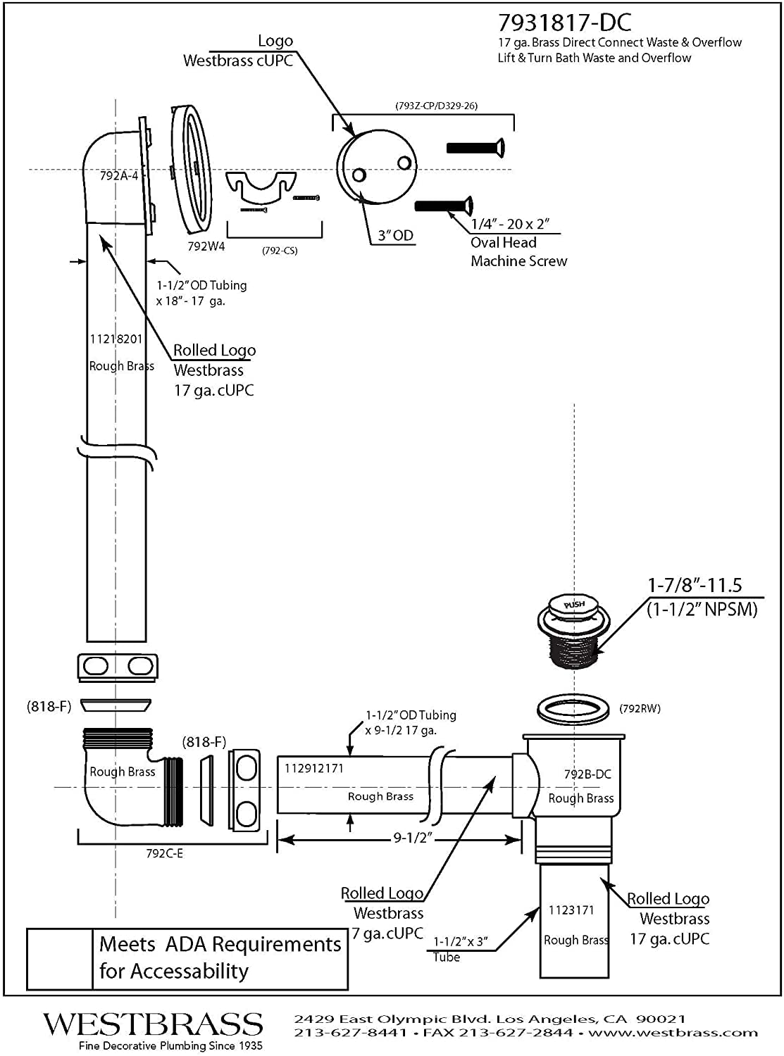 Westbrass 7931817-DC-62 18" Tip-Toe Drain Trim with 2-Hole Overflow Faceplate & Direct Connect Shoe Outlet, Matte Black