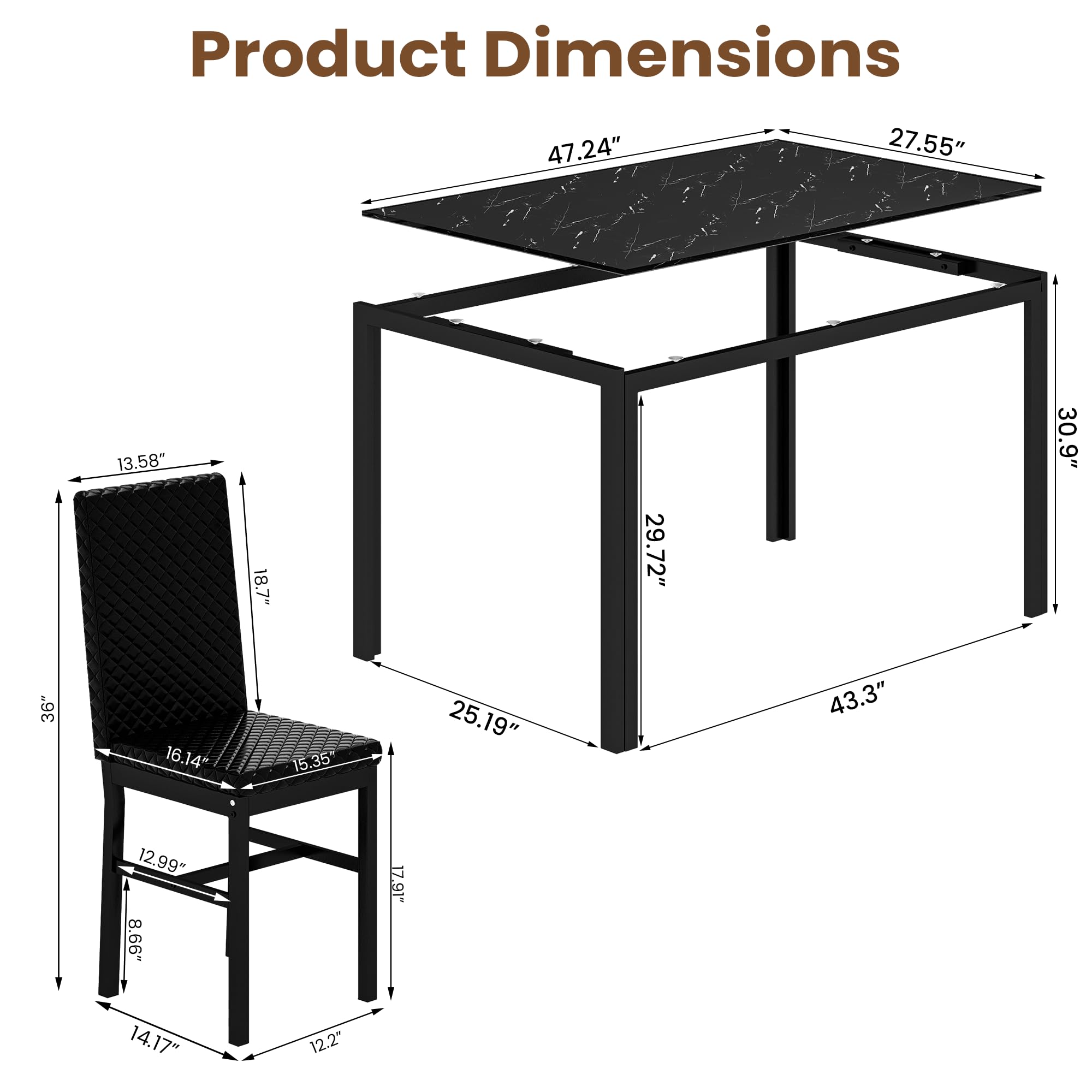 AWQM Dining Table Set for 4, Industrial 47.2" Kitchen Table and Chairs for 4, 5 Piece Dining Room Table Set with Curved Chairs, Metal Frame for Breakfast Nook, Dining, Kitchen - Rustic Brown