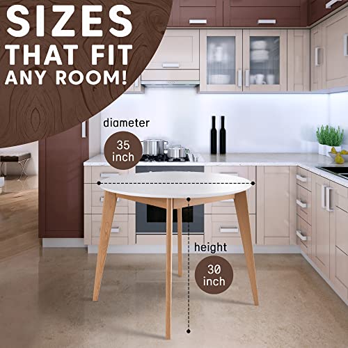 DAIVA CASA Orion Round Table for 3 Person - Birch Solid Wood Kitchen & Dining Room Furniture - Mid Century Modern Scandinavian Style β White Brown Table 35 inch