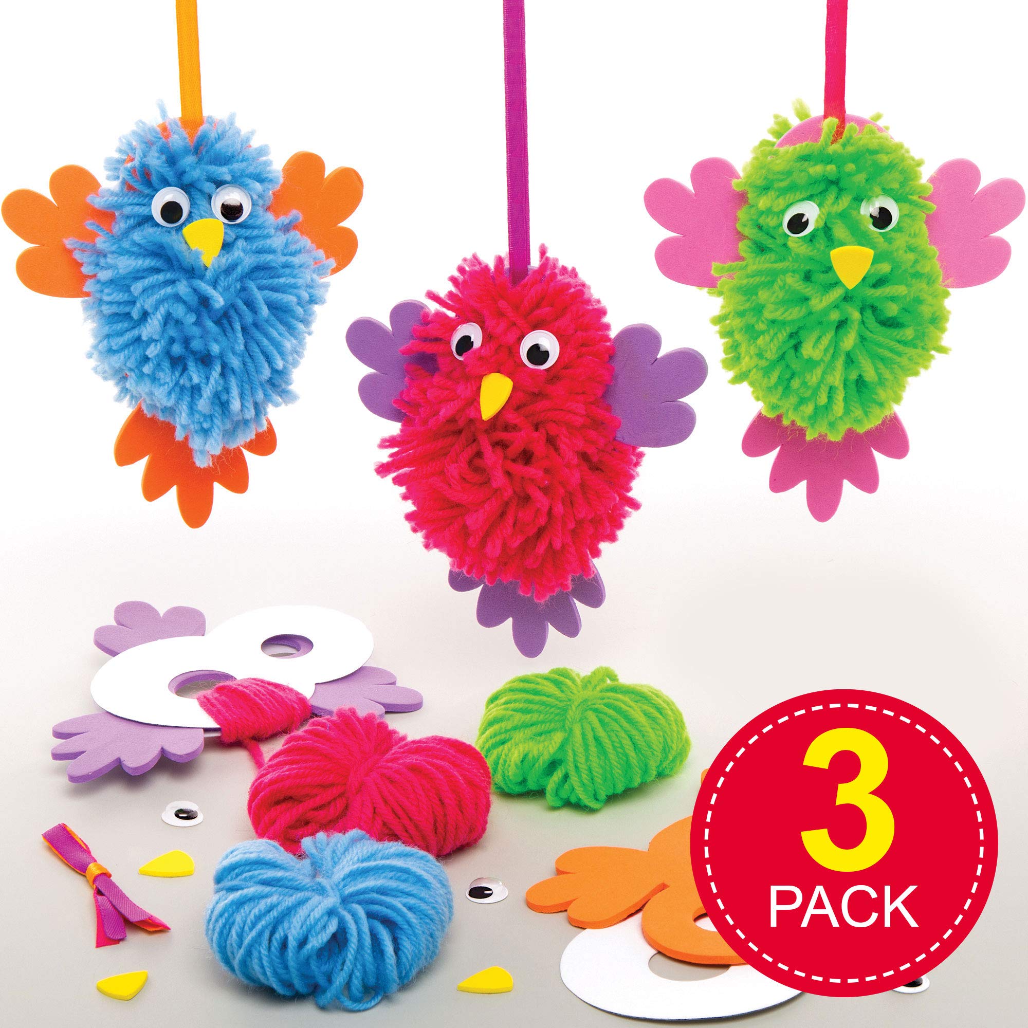 Baker Ross AT563 Bird Pom Pom Kits - Pack of 3, Creative Art and Craft Supplies for Kids to Make, Decorate and Display, Assorted