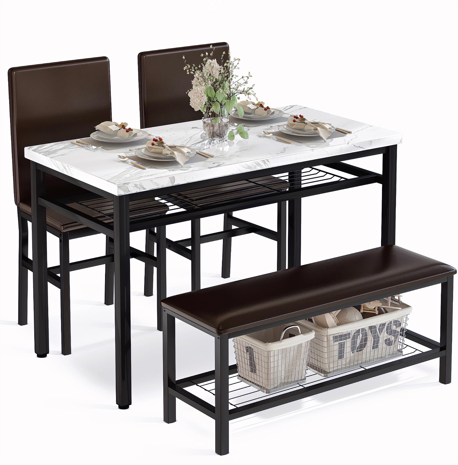 AWQM Dining Table Set for 4 with Bench and Chairs,Faux Mable Small Kitchen Table and Chairs for 4 w/Storage Rack, Dining Room Table Set for Small Spaces, Apartment,White+Brown