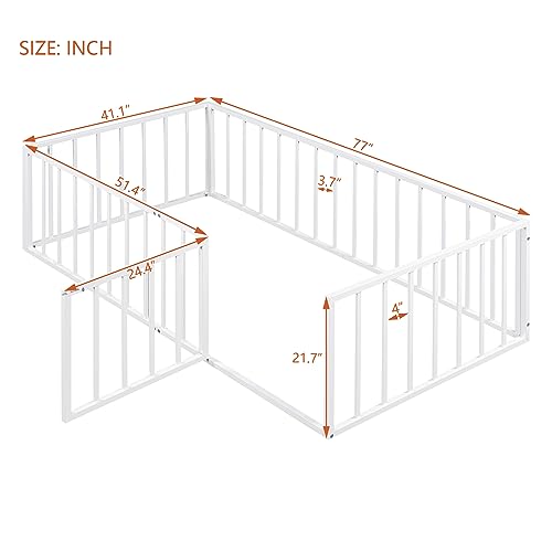 DNYN Twin Size Metal Floor Bed Frame with Door for Kids Bedroom,Metal Struture Bedframe w/Fence,No Box Spring Needed,77" x 41.1"x 21.7"H, White