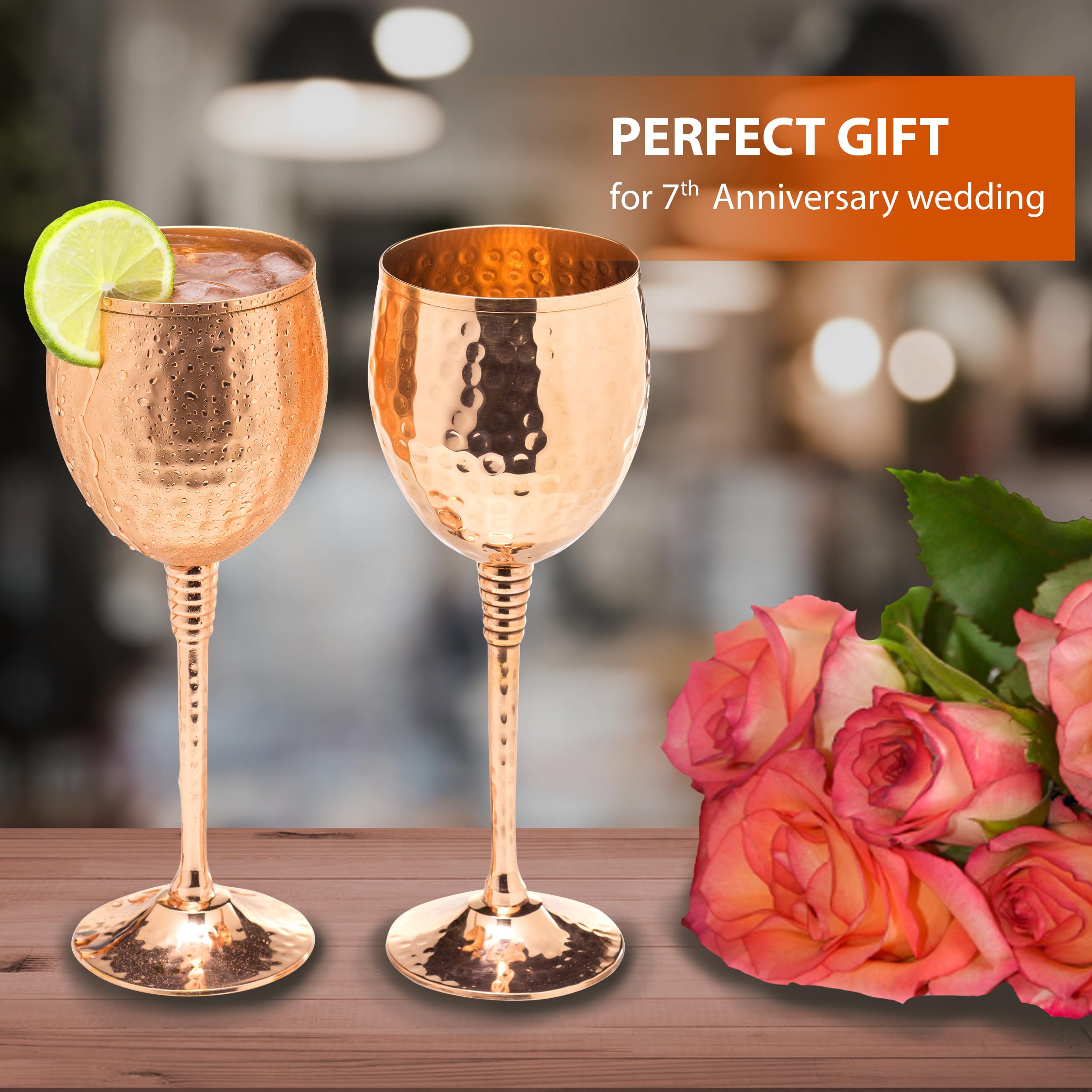 Copper wine glasses set of 2 β 11oz gleaming 100% solid hammered copper wine cups on brass copper plated stems β a gift for men and women β great glasses for red or white wine and Moscow mules