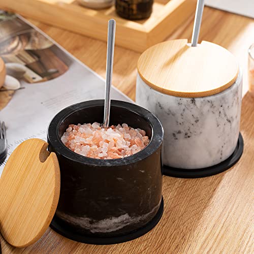 NHKRTE Marble Salt Cellar with Lid & Spoon, 11oz Salt and Pepper bowls, Handcrafted from Natural Marble, Smooth Inside (White)