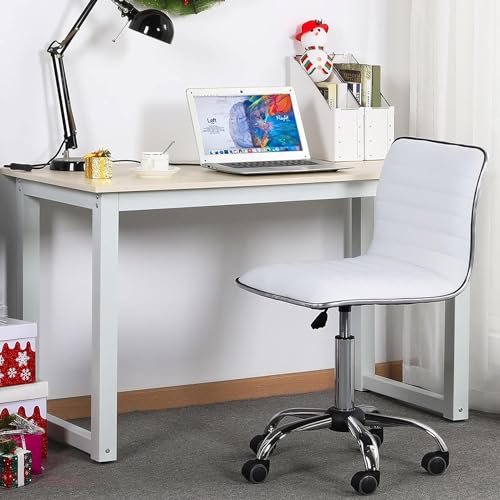 BRISKAIR Adjustable Task Chair PU Leather Low Back Ribbed Armless Swivel White Desk Chair Office Chair with Wheels