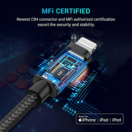Elktry USB C to Lightning Cable MFi Certified, 3Pack 6FT Long iPhone 14 Charger Cord, Nylon Braided Fast Charging Cable, Compatible with iPhone 13/12 Pro Max/12/11 Pro/11/X/XS/XR/8 Plus/iPad - Black