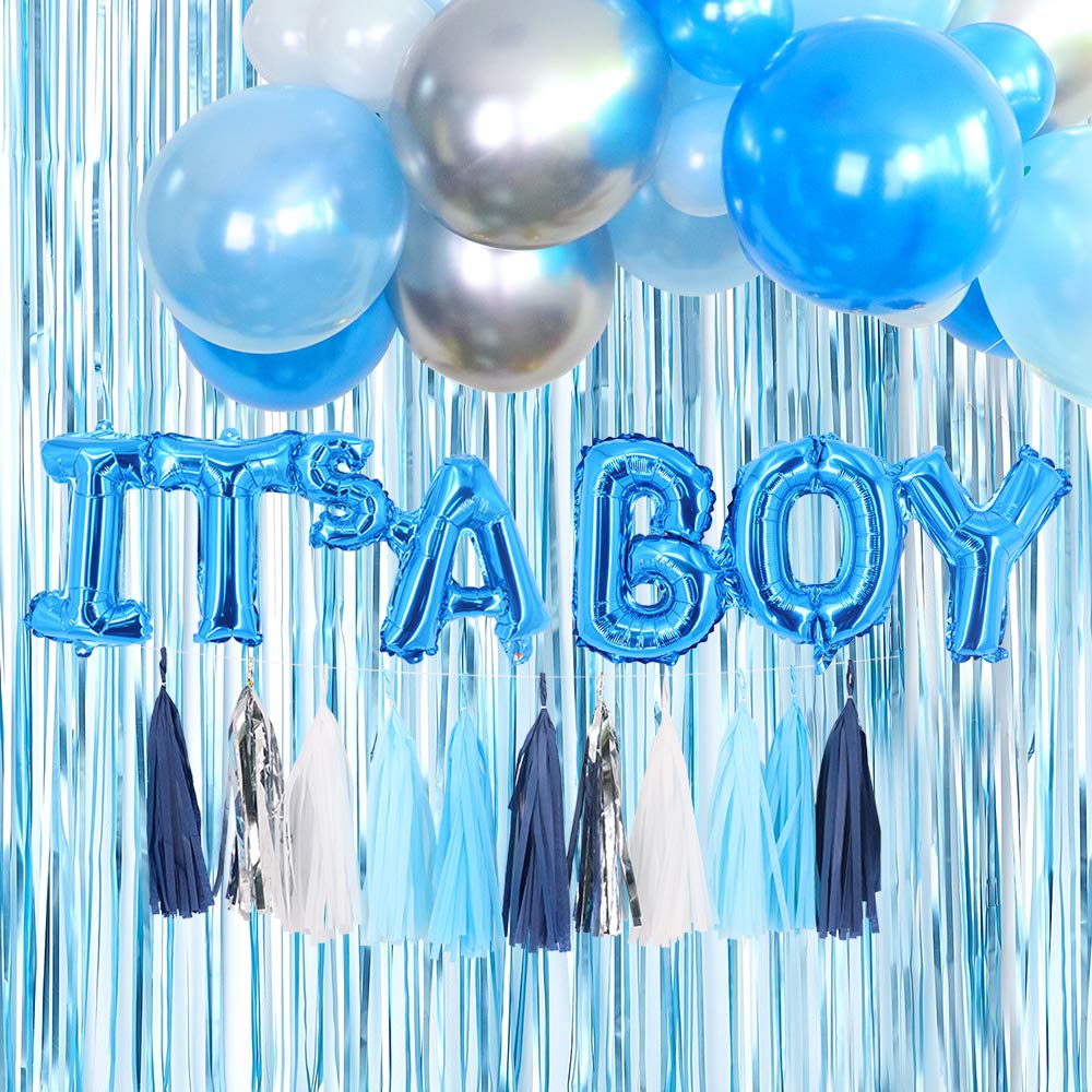Blue Metallic Fringe Curtains & It's A Boy Foil Balloon Kit- Baby Shower Decorations Blue Wall Decoration Pastel Blue Photo Prop Backdrop Boys Birthday Party (Blue, Pack of 2)