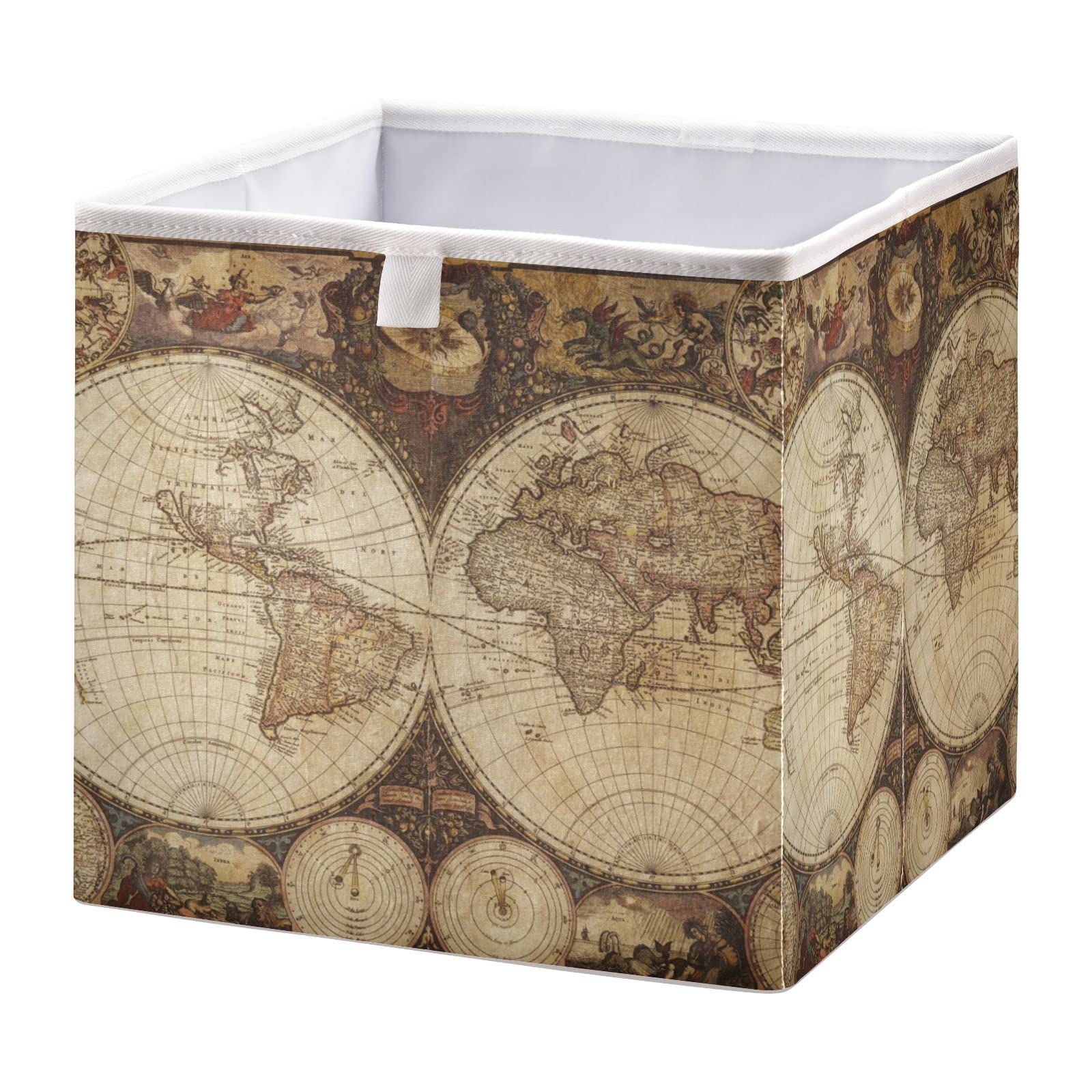 Vintage Map Storage Baskets for Shelves Foldable Collapsible Storage Box Bins with Cube Closet Organizers for Pantry Clothes Storage Toys, Books, Home, Office,11 x 11inch
