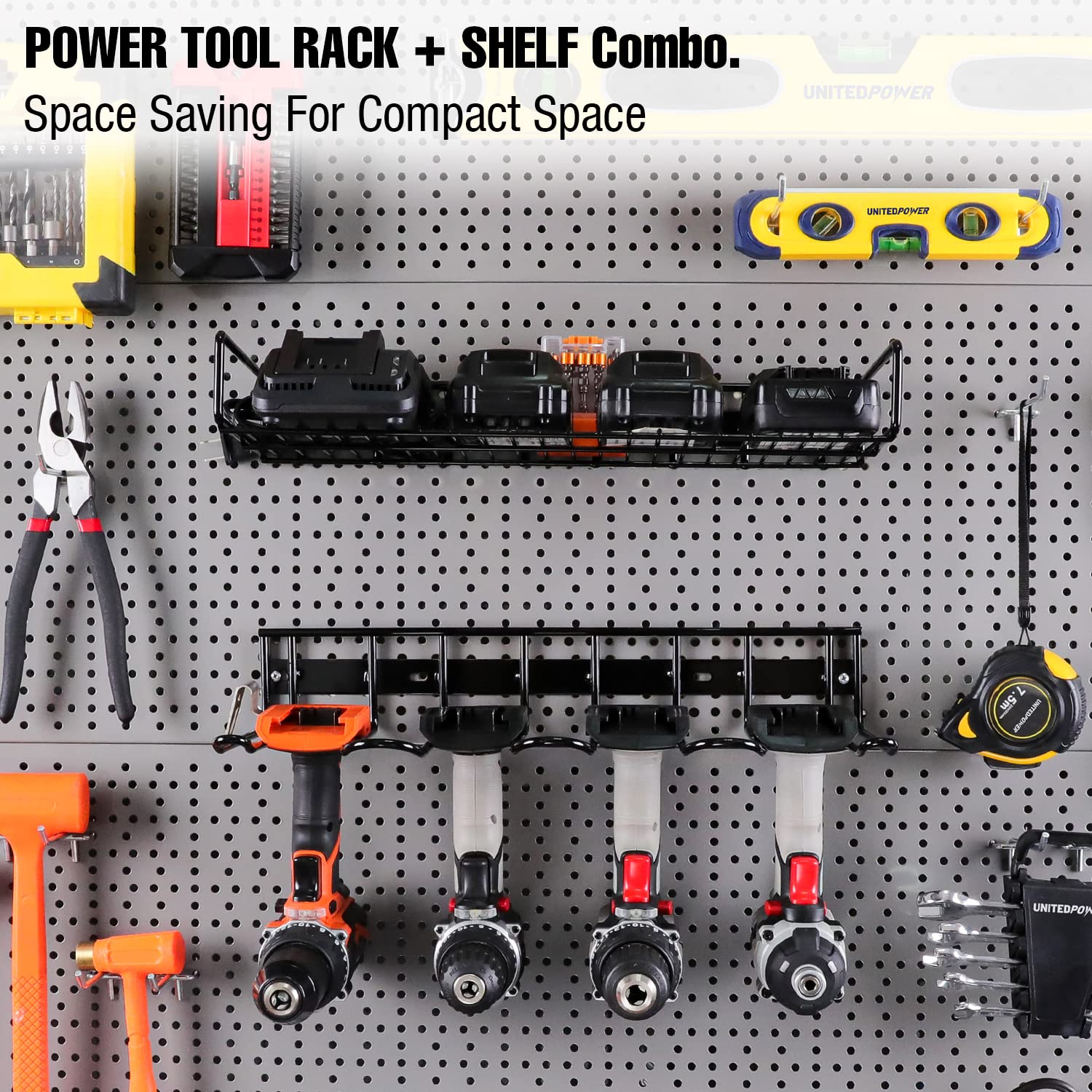 UNITEDPOWER Wall Mounted Power Tool Organizer Holder, Heavy Duty Utility Storage Rack for Battery Powered Hand Tools, Cordless Drill Rack and Tool Shelf Compact Design, Drill Rack With Tool Shelf