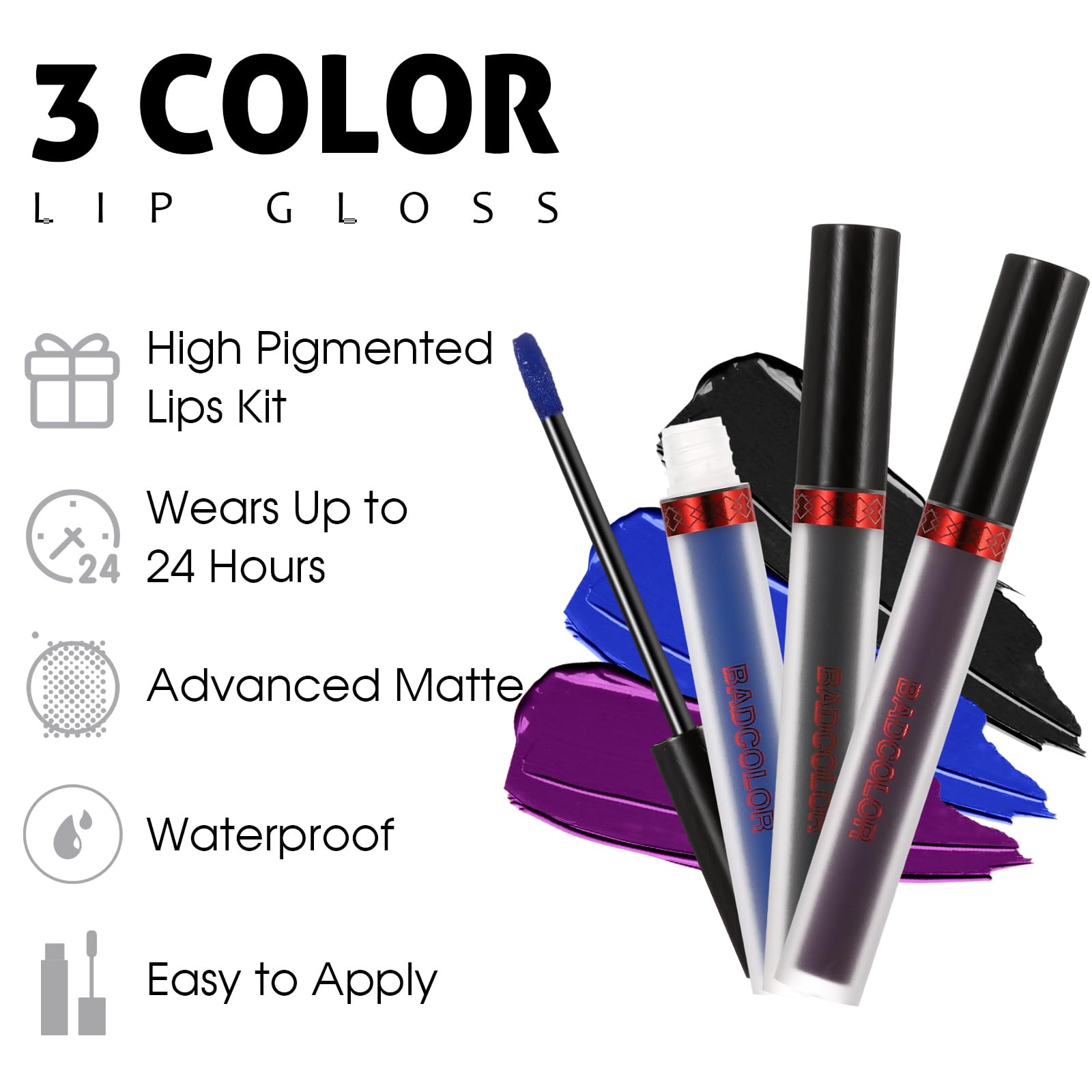 BADCOLOR 3 Colors Matte Liquid Lipstick Set, 24-Hour Smudge Proof Permanent Dark Lipstick Waterproof Velvet Nonstick Cup Stain Lip Gloss Set, Halloween Makeup Lip Gloss Gift - Purple, Black, Blue