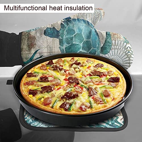 Blue Sea Turtle Nautical Map Area Oven Mitts Pot Holders Sets Heat Resistant Insulated 356°F/180℃ Non-Slip Waterproof Gloves Hot Pads Potholders for Kitchen Decorative Cooking Baking Grilling BBQ
