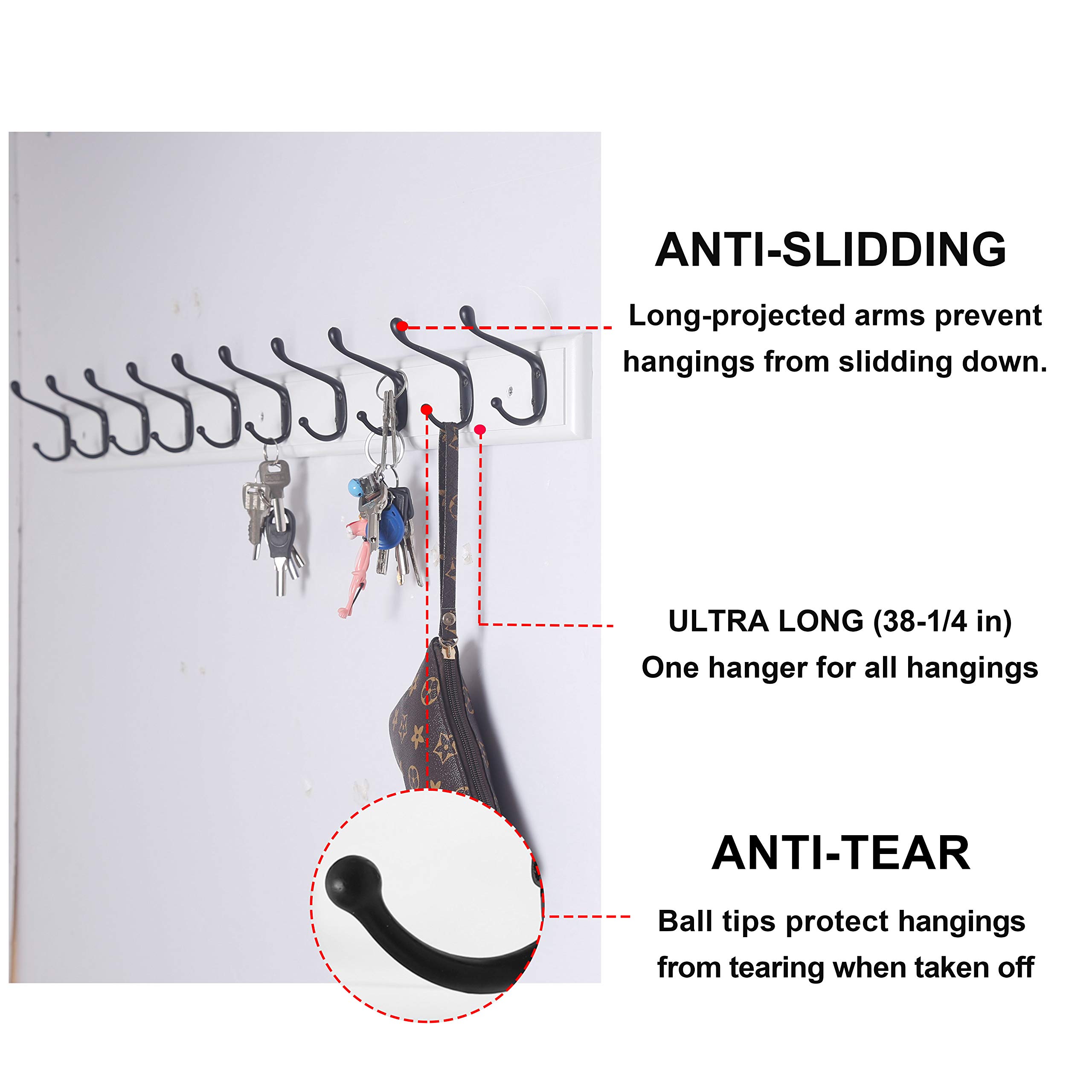 Dseap Coat Rack Wall Mounted: 10-Hooks, 16" Hole to Hole, 38-1/4" Long, Wood Coat Hooks Wall Mounted, Hook Rack, Hook Rail, Hooks for Hanging Coats, White & Black