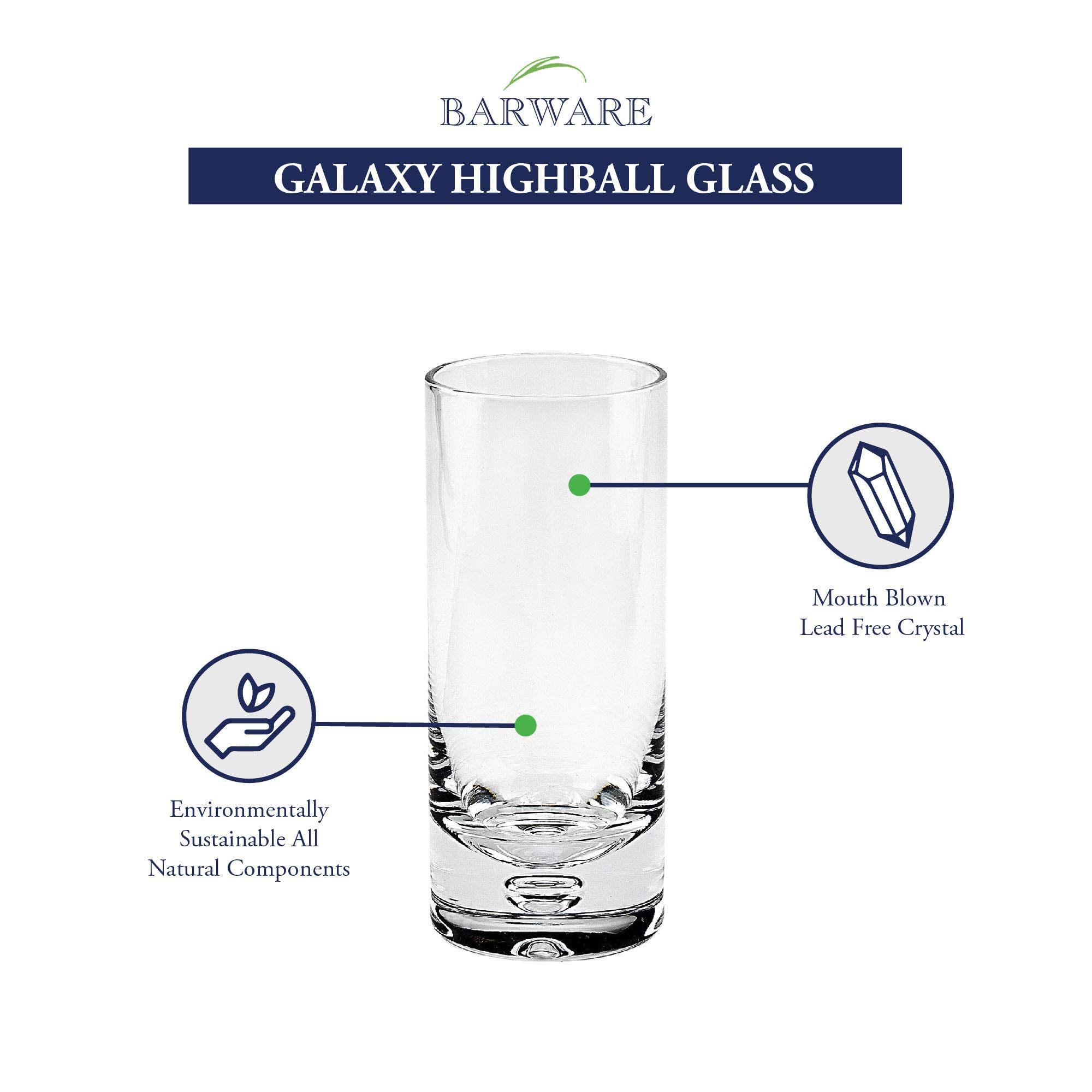 Badash Galaxy Crystal Highball Glasses - 4-Piece Set 13-Ounce Mouth-Blown Tall Cocktail Glasses & Mixed Drinks Glass Tumbler - Fine Lead-Free Crystal Glassware