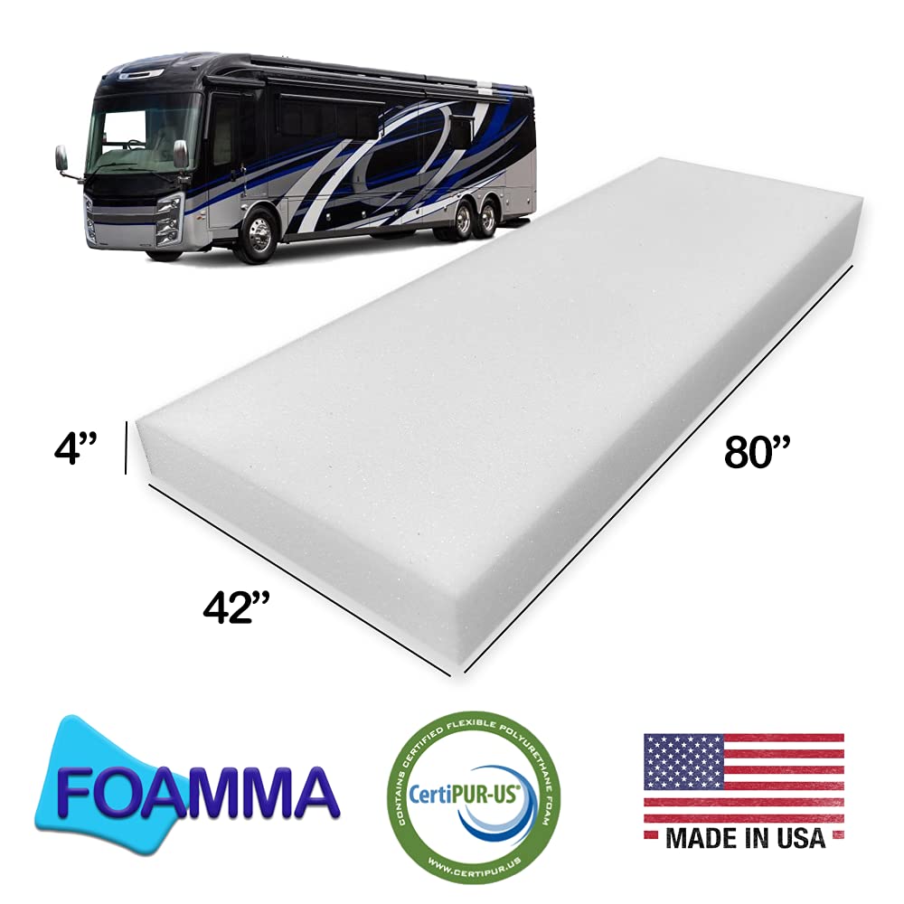 Foamma 4” x 42” x 80” Camper/RV Travel High-Density Bunk Mattress Foam Replacement, Made in USA, Comfortable, Travel Trailer, CertiPUR-US Certified, Cover Not Included