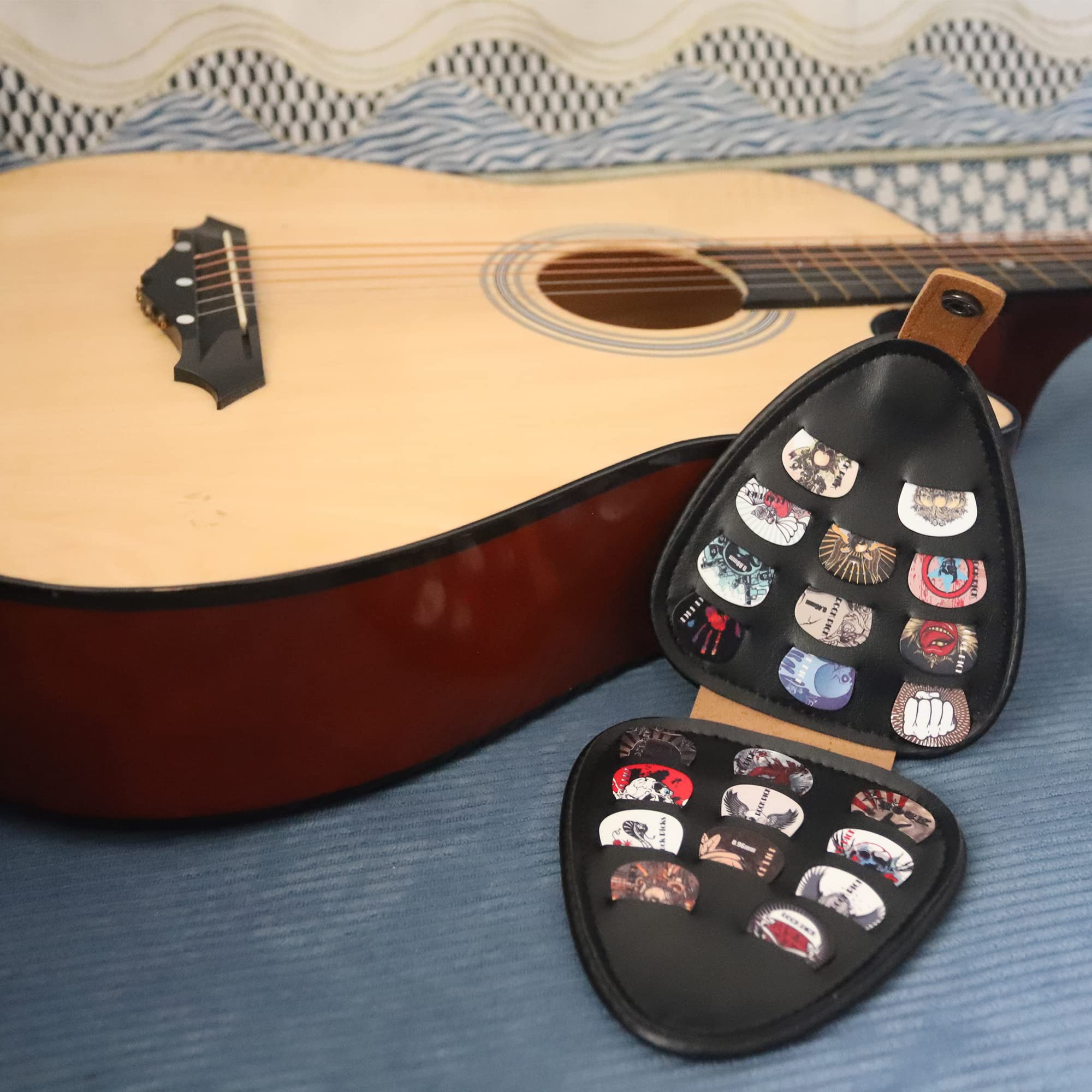RAUYIVANY Guitar Pick Holder Case with 22 Picks, inner-outer layer Pure Leather for Storage 22 Slots Various Thickness Picks Pouch. Guitarist Gift