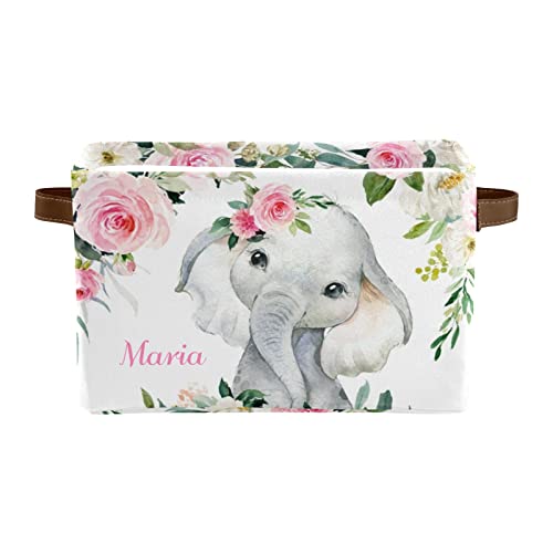 Pink Elephant Floral Personalized Storage Basket ,Custom Storage Bins Cubes Organizer with Handle for Bedroom Wardrobe,Nursery,Basket 1 Pack