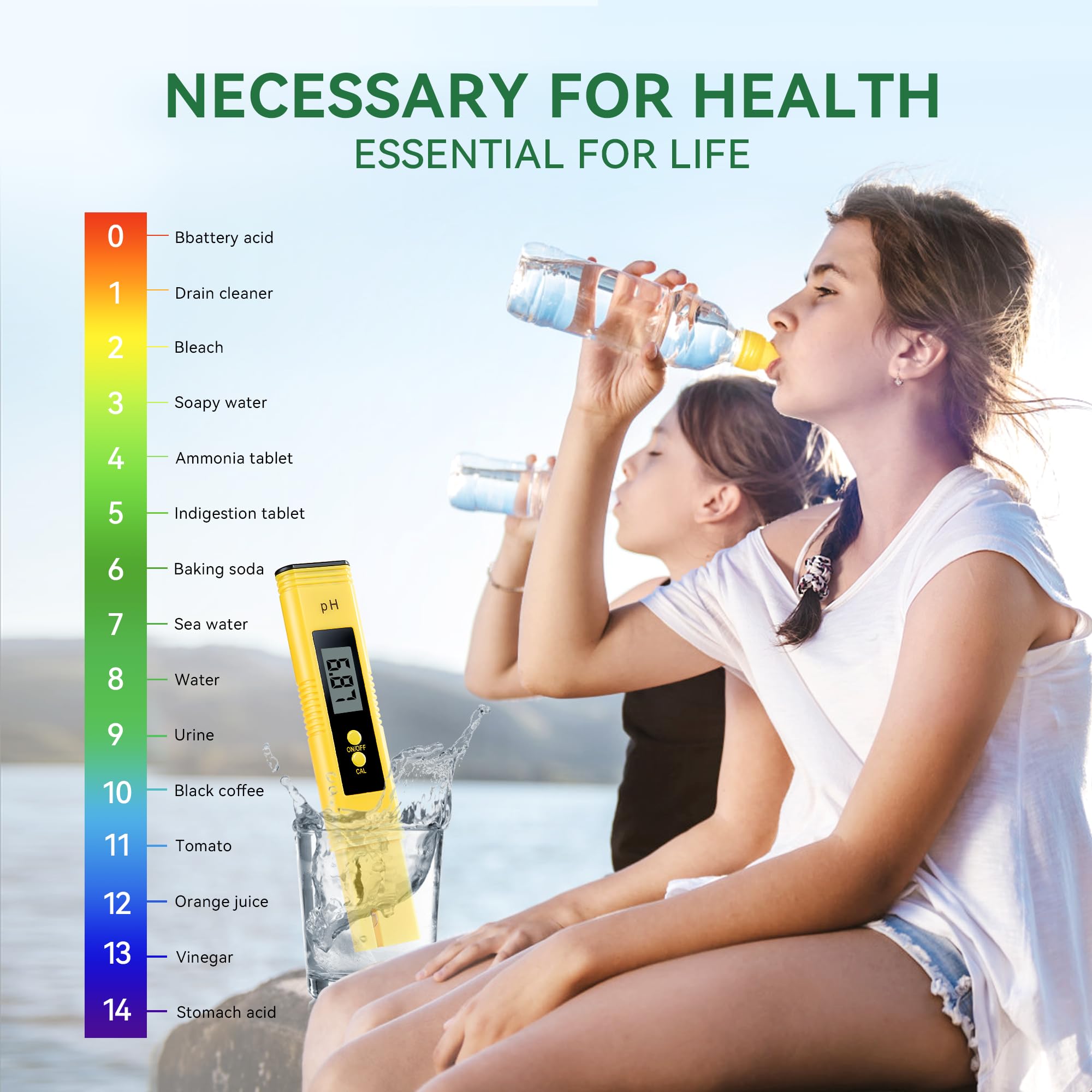 HEYAXA Digital PH Meter for Water, 0.01 PH High Accuracy Pen Type PH Tester for Household Drinking Water, Aquariums, Swimming Pools, PH Range 0-14(Yellow)