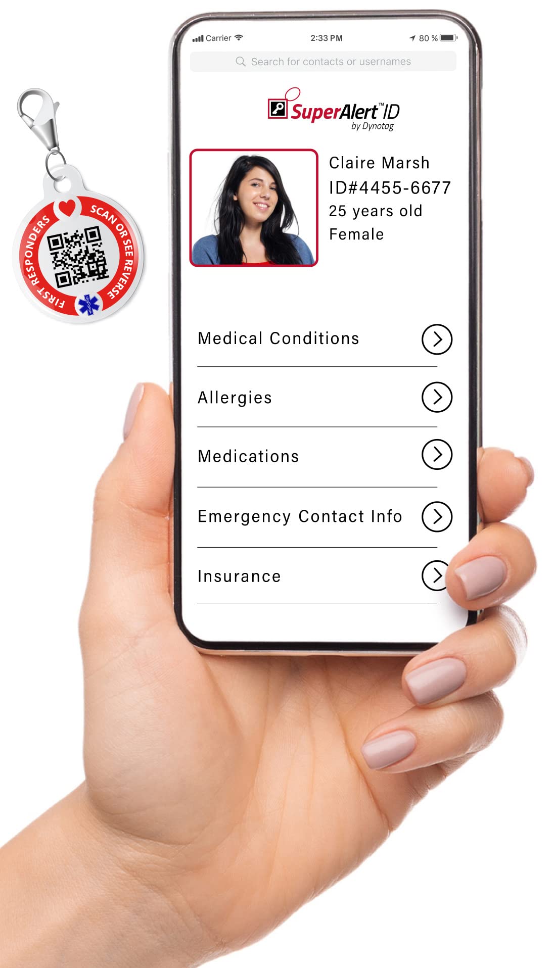 Dynotag® Web Enabled Smart Medical ID/Emergency Information Round Steel Tag - 30 mm. Includes Lobster Clasp, with DynoIQ™ & Lifetime Service.