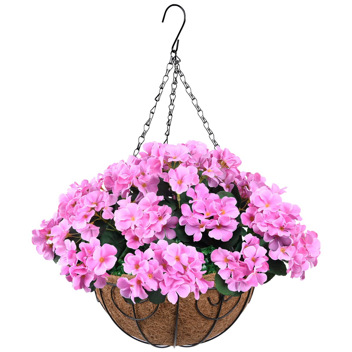 ZFProcess Artificial Flowers Hanging Basket with Begonia Silk Flowers for Outdoor/Indoor, Artificial Geranium Flowers in 12'' Basket for Patio Lawn Garden Summer Decoration(Deep Pink)