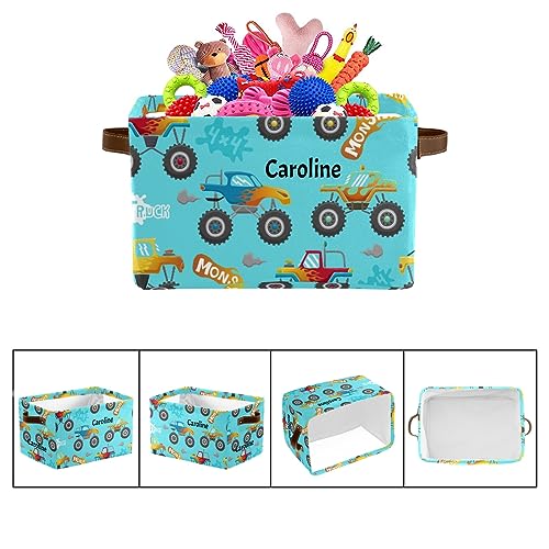 Blue Monster Trucks Personalized Storage Bins Baby Shelf Basket Custom Organizer with Handle for Bedroom Nursery Toy 1 Pack
