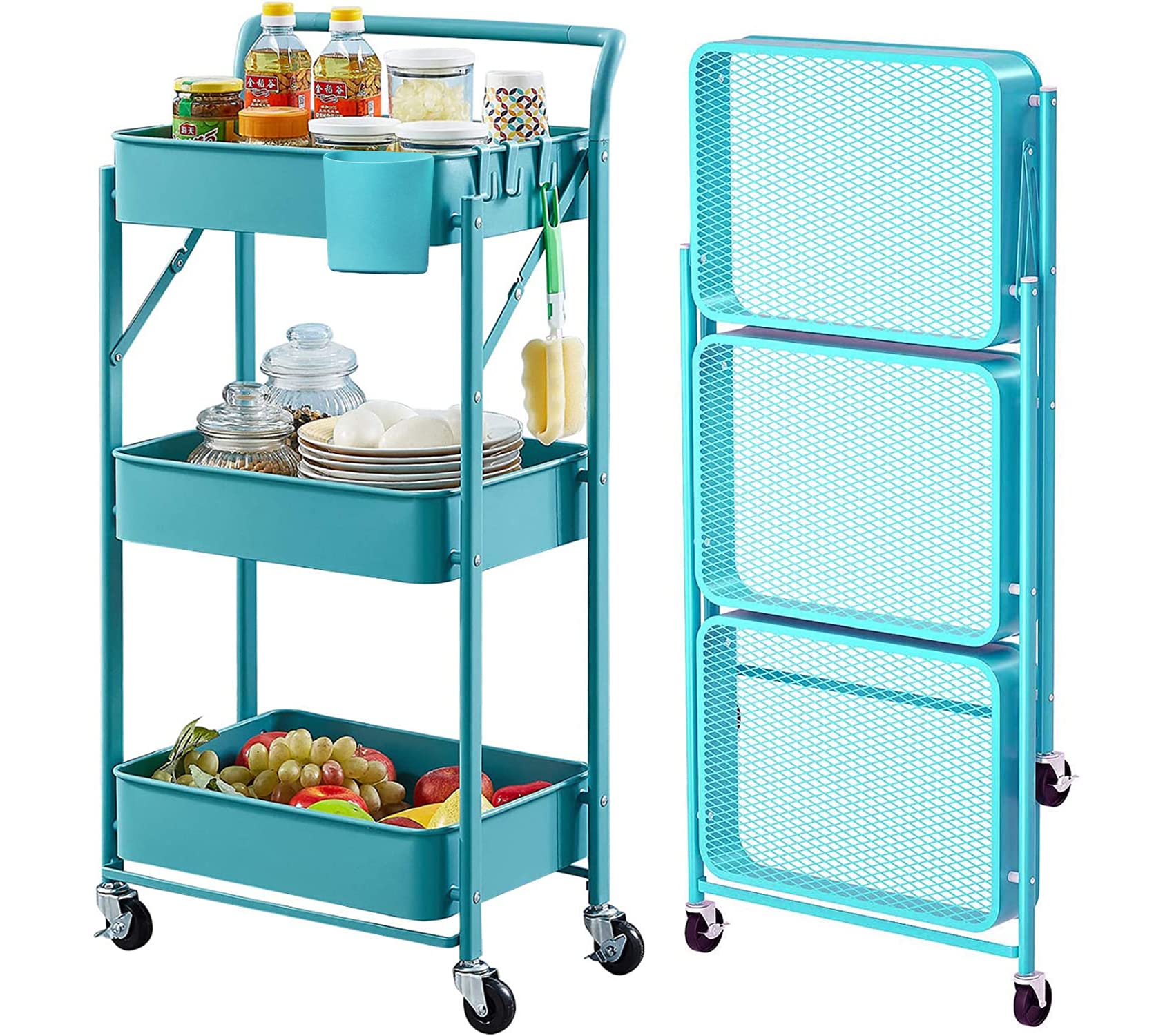 Foldable Storage Cart 3 Tier Rolling Cart with Wheels No Assemble Required Metal Utility Kitchen Cart Folding Shelves for Storage and Organizer for Classroom, Bedroom