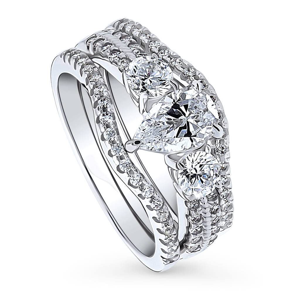 BERRICLE Sterling Silver 3-Stone Wedding Engagement Rings Pear Cut Cubic Zirconia CZ Ring Set for Women, Rhodium Plated Size 7