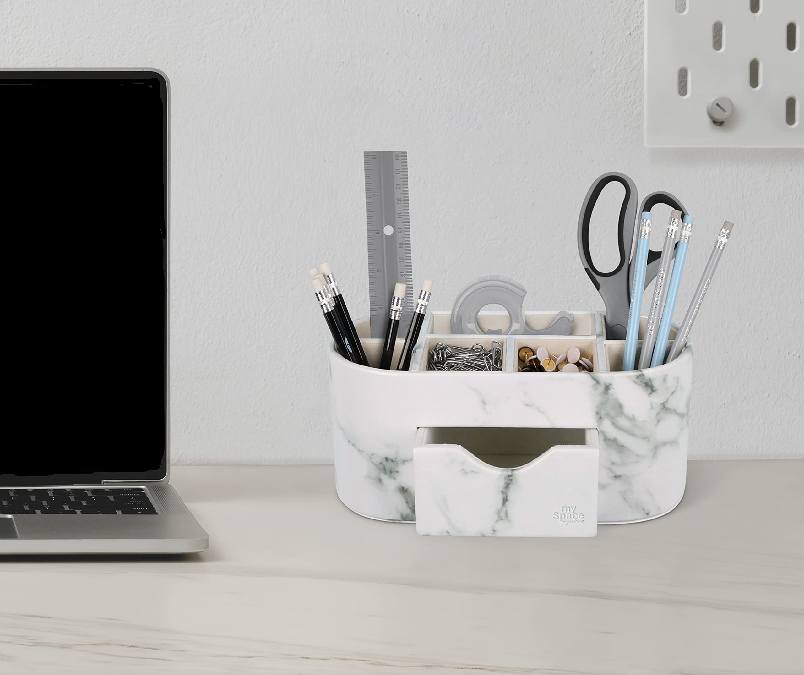 Marble Desk Organizer For Office Supplies Desk Accessories - Pencil Pen Holder Decor - Home School College Organization Desktop Caddy - Faux Leather